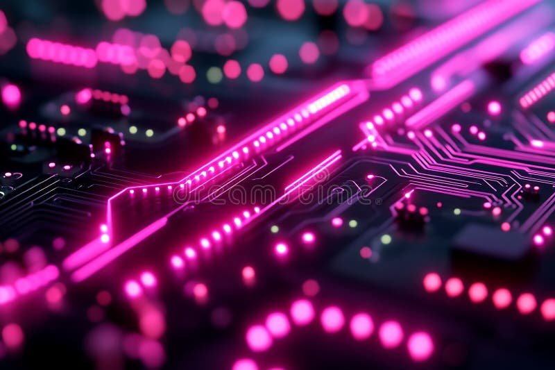 Electronic Circuitry Glowing with Pink Illumination Over a Black ...
