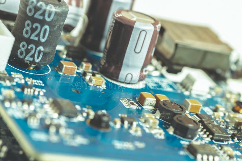 Electronic Components, Chips and Capacitors on the Blue Pcb, Close Up ...