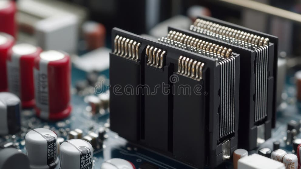 Electronic Components on a Circuit Board: RAM Modules and Capacitors ...