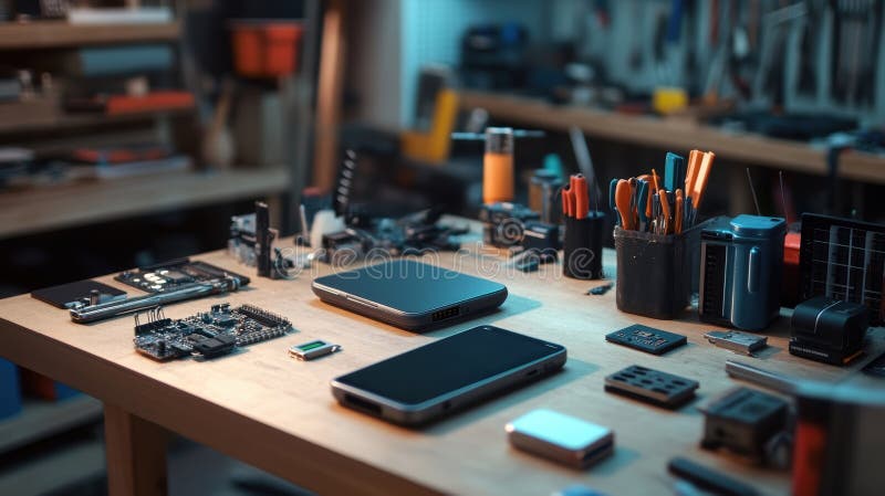 Electronic Components and Tools Laying on Workbench in Workshop Stock ...