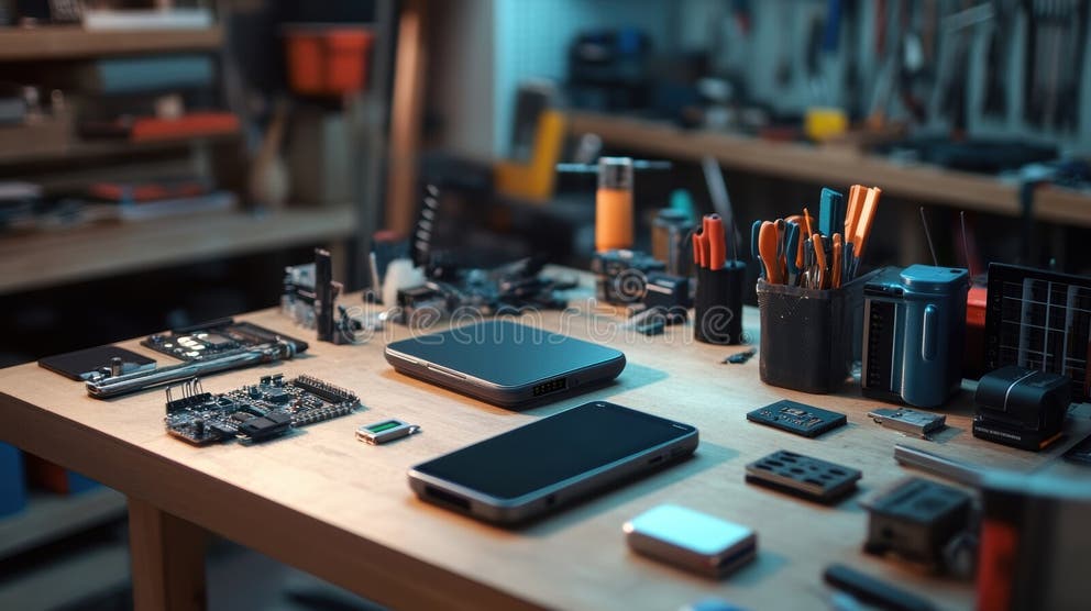 Electronic Components and Tools Laying on Workbench in Workshop Stock ...