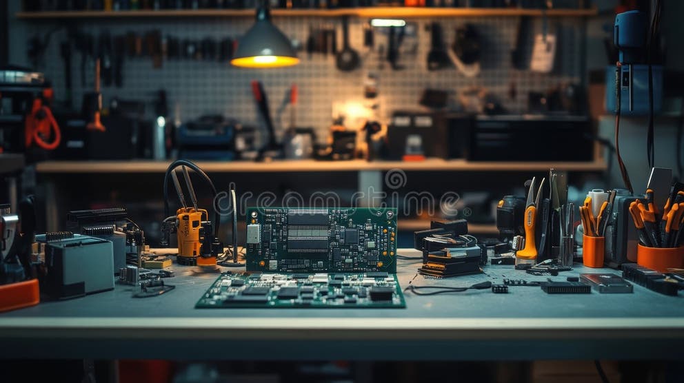 Electronic Components and Tools Laying on Workbench in Workshop Stock ...