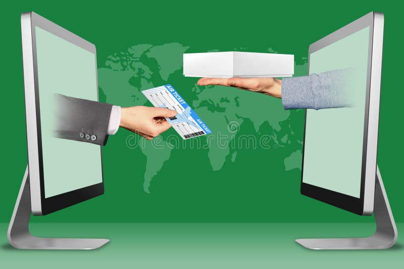 Electronic Concept, Two Hands from Computers. Air Ticket and Hand with ...
