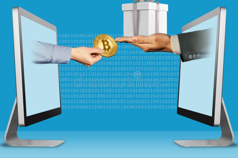 Electronic Concept, Two Hands from Displays. Hand with Bitcoin and Hand ...
