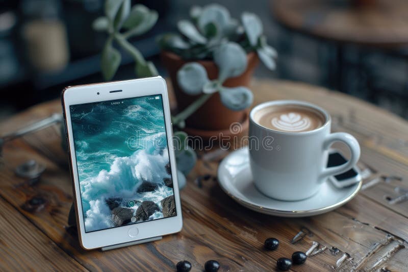 Ocean Waves on Tablet Screen with Latte Stock Illustration ...