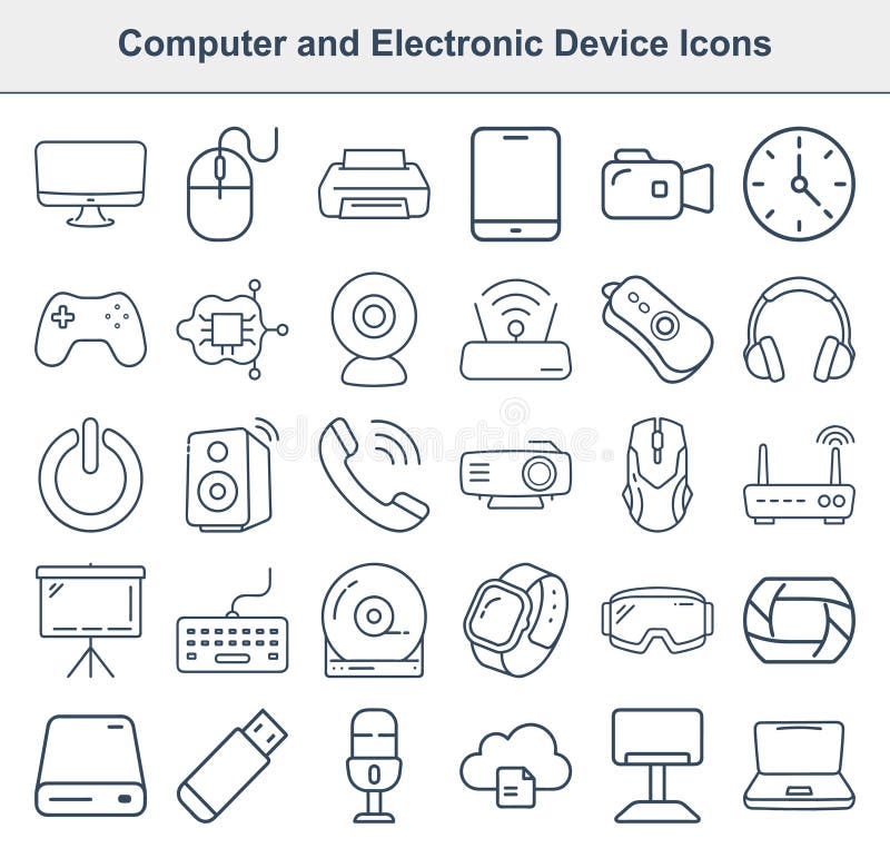 Electronic Device Icons Set, Outline Design, Monitor, Mouse, Tablet ...
