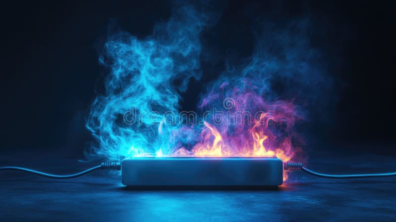 Electronic Device Overheating: Blue and Red Flames Emerge from a ...