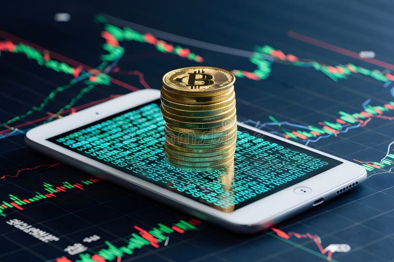 Electronic Device Showing Binary Code, Stack of Gold Coins, Stock ...