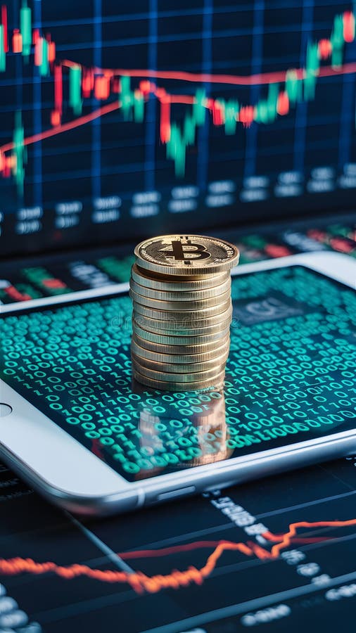 Electronic Device Showing Binary Code, Stack of Gold Coins, Stock ...