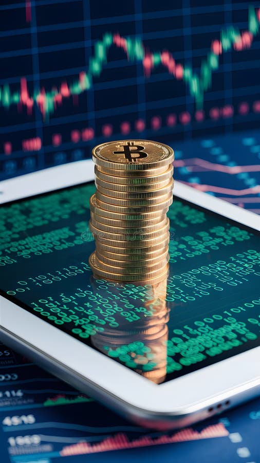 Electronic Device Showing Binary Code, Stack of Gold Coins, Stock ...