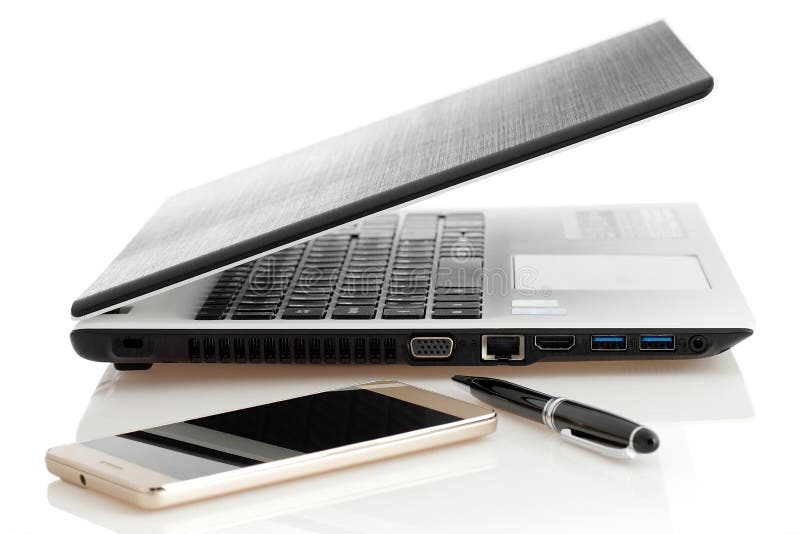 Electronic Devices-notebook,mobile Phone and Ballpoint Pen. Stock Photo ...