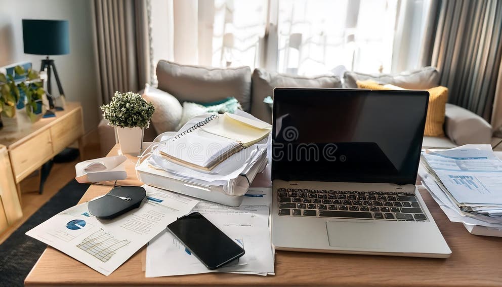 Electronic Devices and Paperwork Clutter a Living Room Table Stock ...
