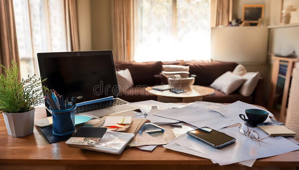 Electronic Devices and Paperwork Clutter a Living Room Table Stock ...