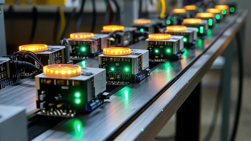 Electronic Devices Under Testing on Assembly Line Showing Orange and ...