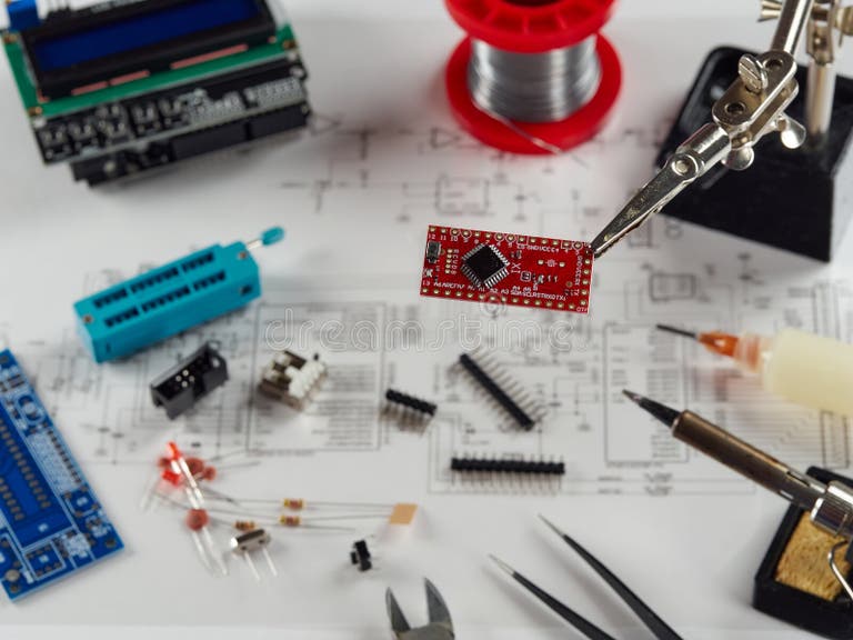 Electronic DIY Project Arduino.Electronics and Microprocessor.Drawing on a Light Background.Do ...