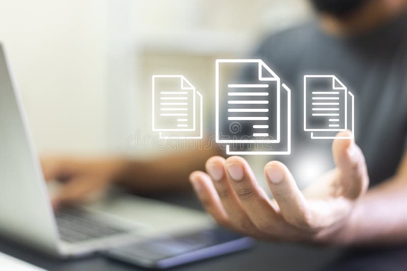 Electronic Document Concept. Businessman Use Laptop with Virtual ...