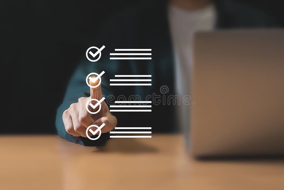 Electronic Document Review on Virtual Screens Businessman Checks ...