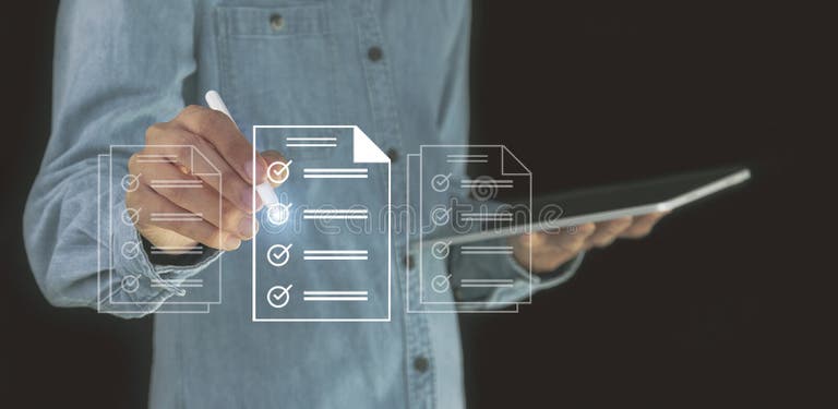 Electronic Document Review on Virtual Screens Businessman Checks ...