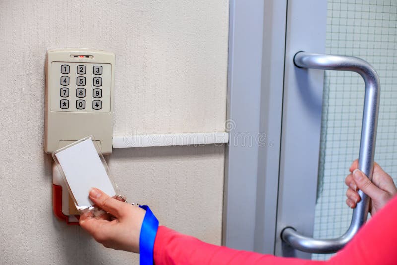 Electronic Door Lock, Opening by Security Card. Lady Opening an ...