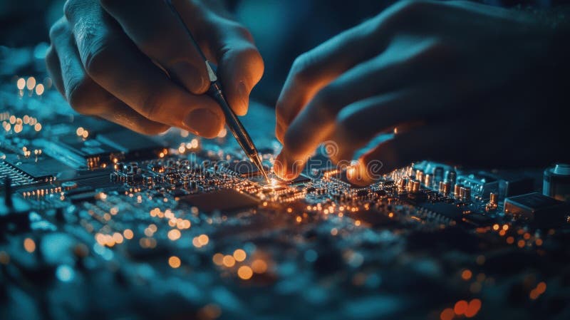 Electronic Engineer Repairing Motherboard Using Tweezers in Low Light ...