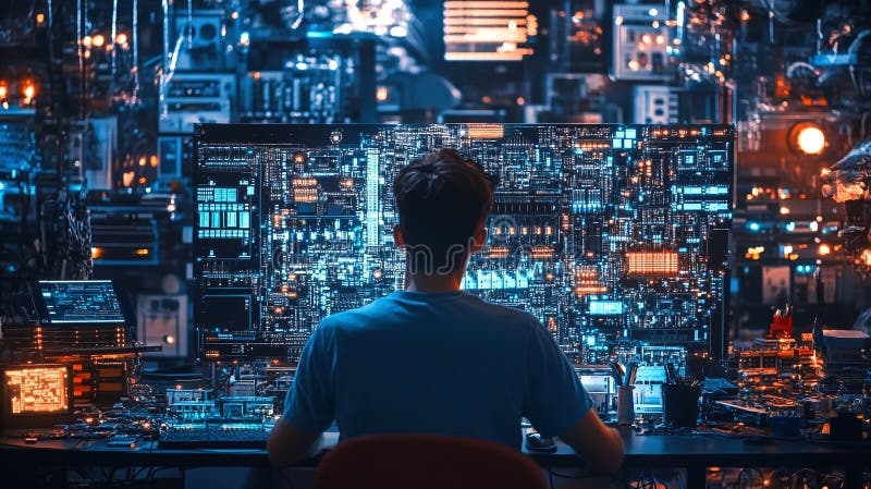 An Electronic Engineer Working with Computer Technology, Viewed from ...