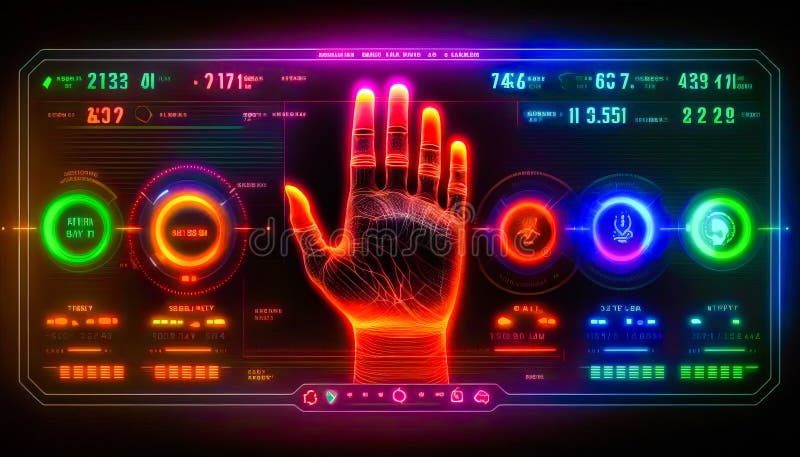 An Electronic Hand with Glowing Neon Lights on Black Background ...