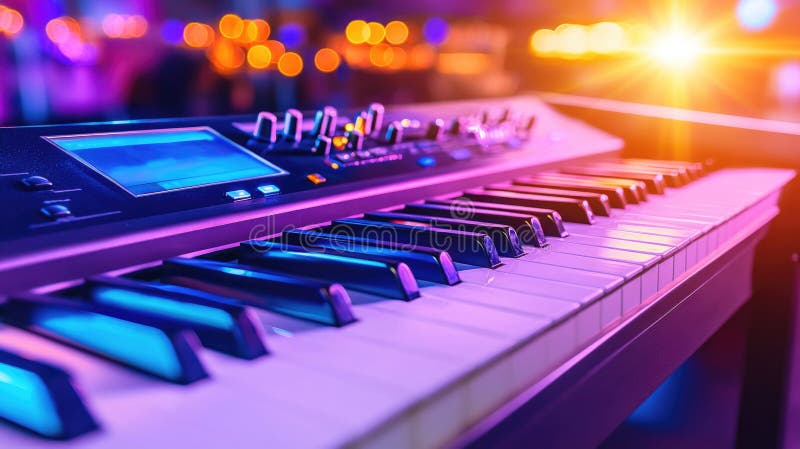 Electronic Keyboard on Stage with Vibrant Lighting and Bokeh Background ...
