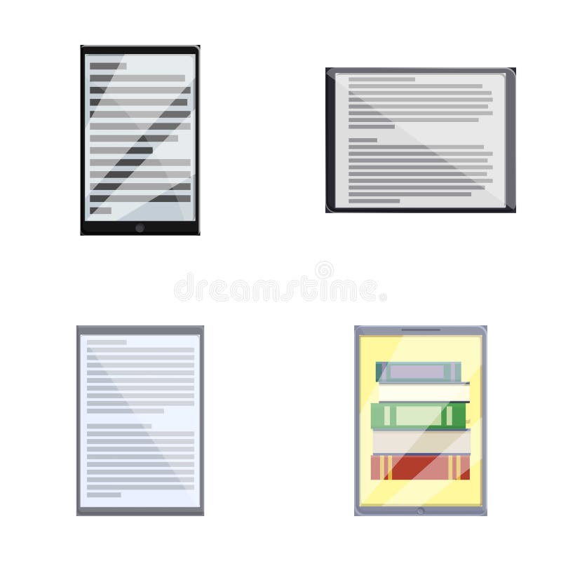 Electronic Library Icons Set Cartoon Vector. Gadget with Book and Text ...