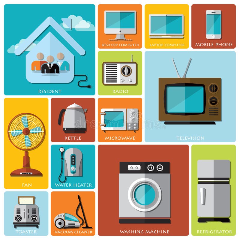 Electronic Machine and House Flat Icon Set Stock Vector - Illustration ...
