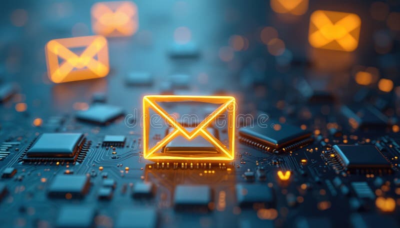 Electronic Mail Envelope on Blue Circuit Board Background. Futuristic ...