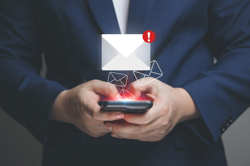 Electronic Mail with Message Notification. Hand Pressing Smartphone To ...