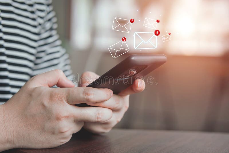 Electronic Mail with Message Notification. Hand Pressing Smartphone To ...