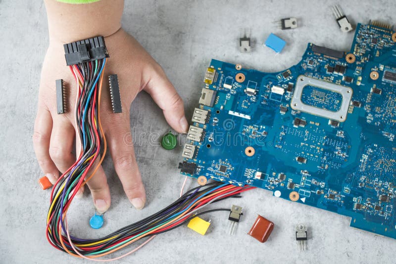 Motherboard and Isometric Microchip Connected To a Human Hand with ...
