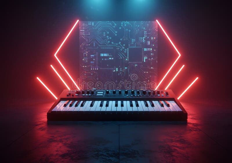 Electronic Music Keyboard Illuminated by Neon Lights with Circuit Board ...
