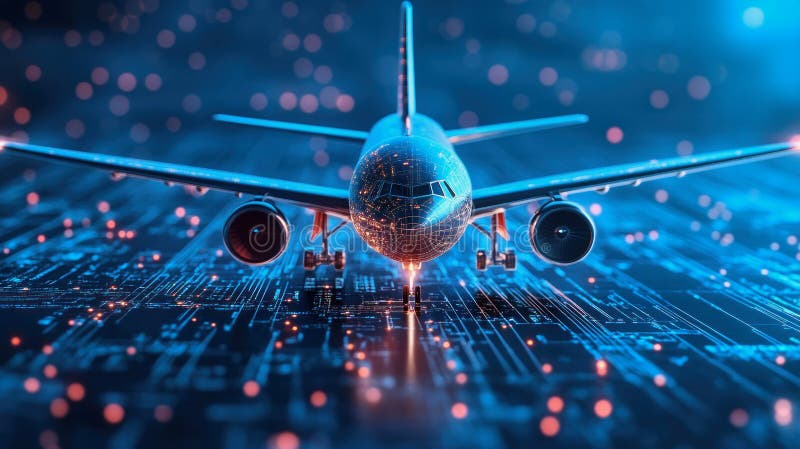A Futuristic Electronic Plane Poised on a Digital Runway at Dusk ...