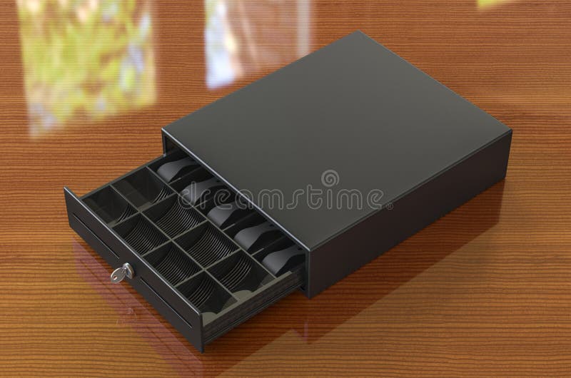 Electronic POS Cash Drawer for Cash Register on the Wooden Table, 3D ...