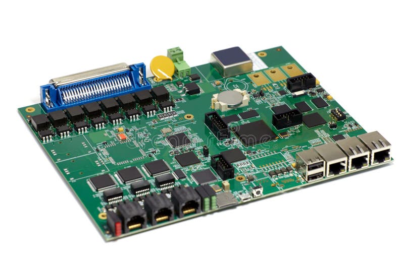 Electronic Printed Circuit Board with Chips and Other Components, Green ...