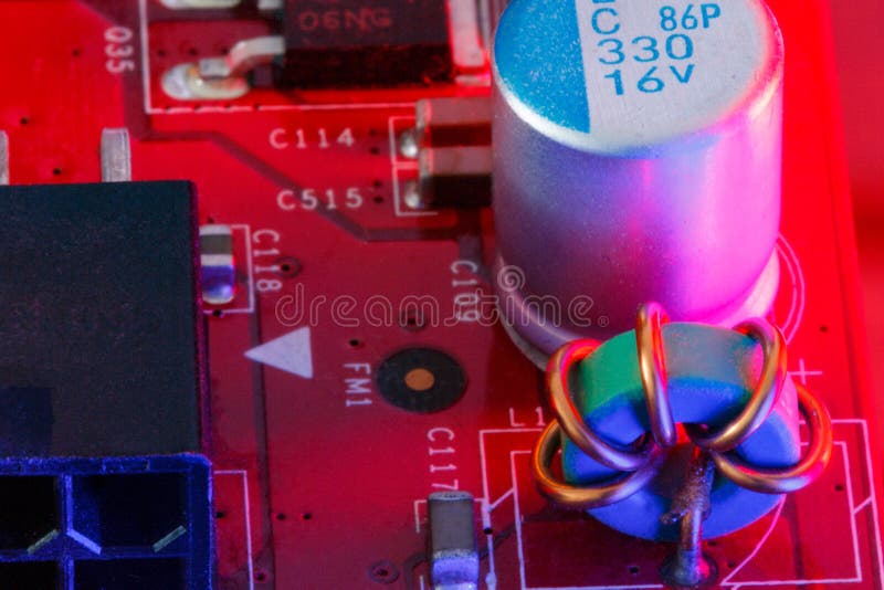 Electronic Printed Circuit Board with Electronic Components in Red ...