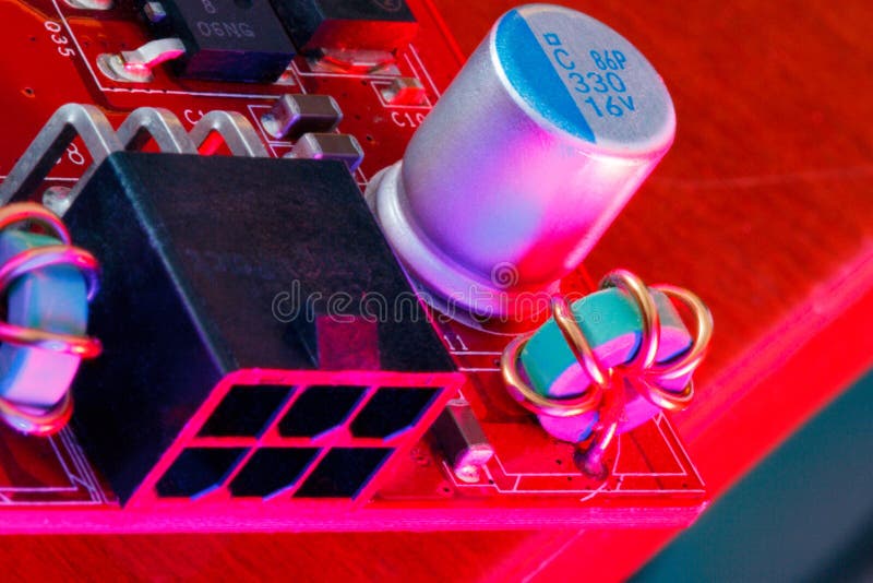 Electronic Printed Circuit Board with Electronic Components in Red ...
