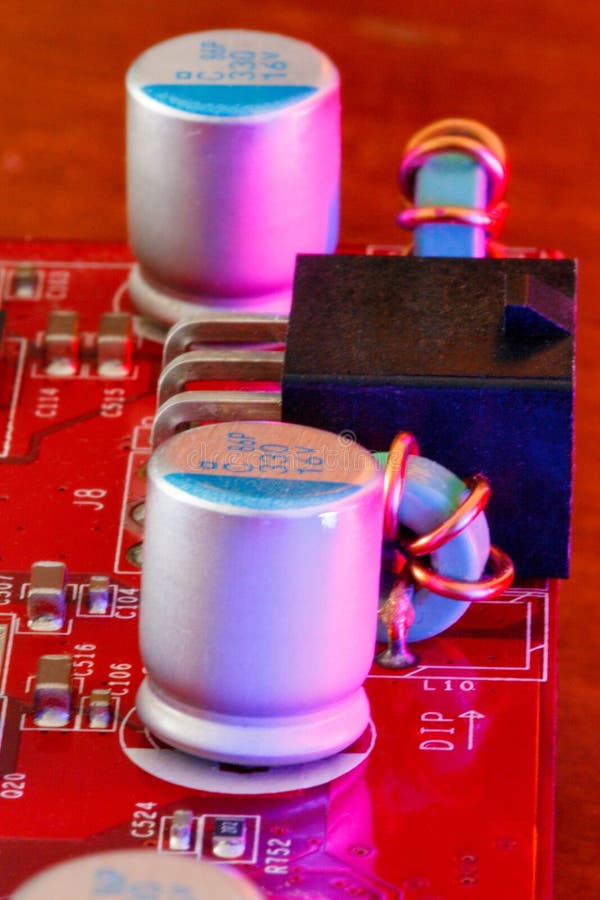 Electronic Printed Circuit Board with Electronic Components in Red ...