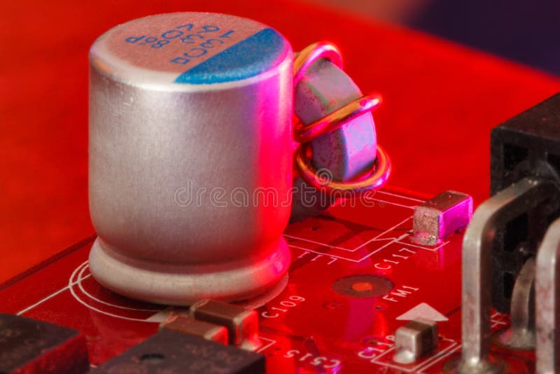 Electronic Printed Circuit Board with Electronic Components in Red ...