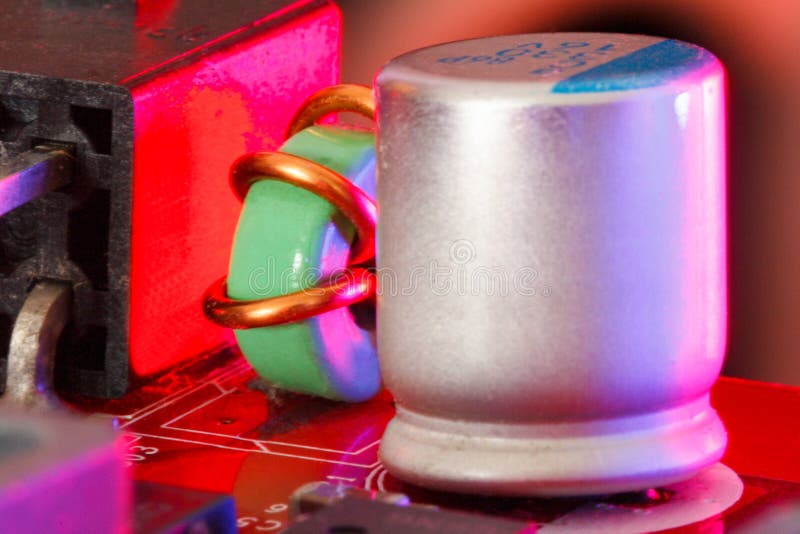 Electronic Printed Circuit Board with Electronic Components in Red ...