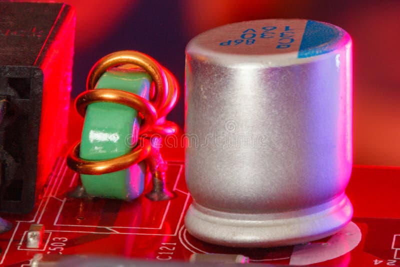 Electronic Printed Circuit Board with Electronic Components in Red ...