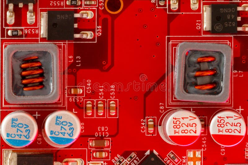 Electronic Printed Circuit Board with Electronic Components in Red ...