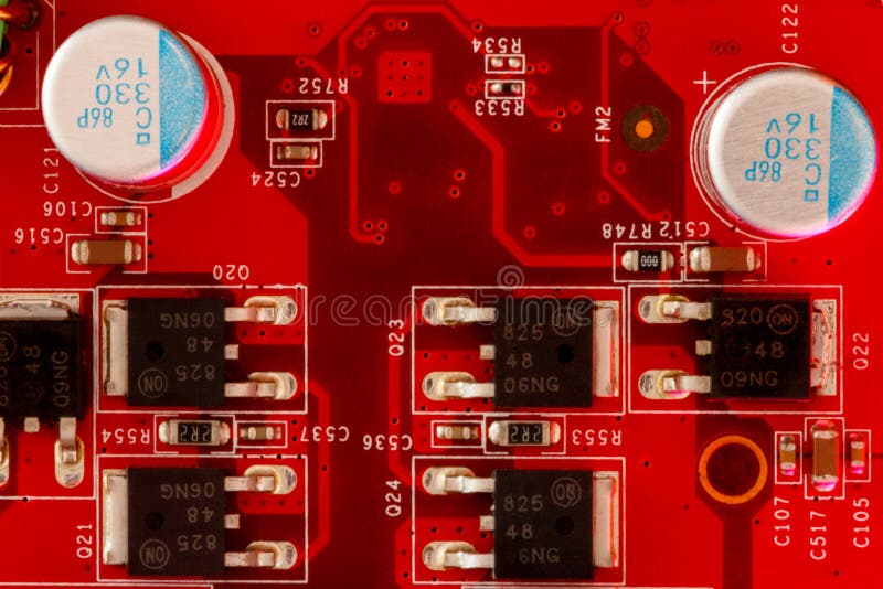 Electronic Printed Circuit Board in Red with Electronic Components- Top ...