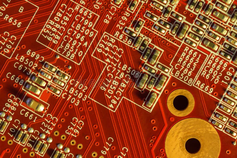 Electronic Printed Circuit Board In Red With Electronic Components- Top ...
