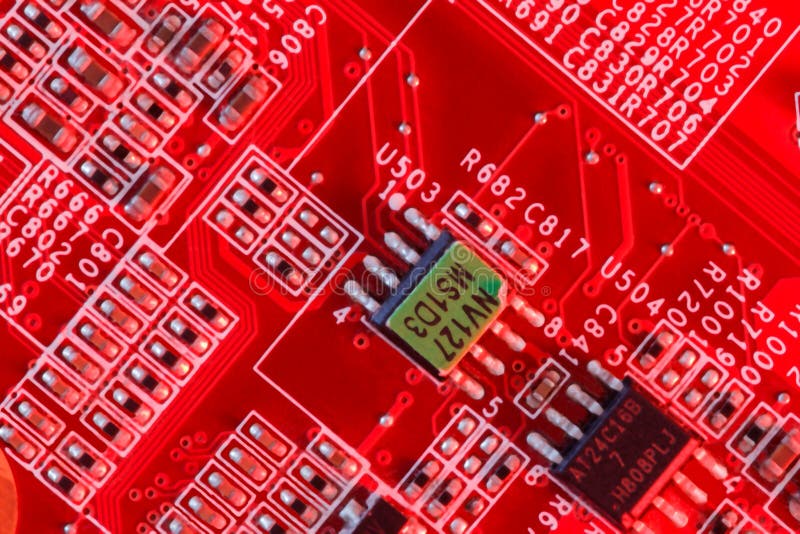 Electronic Printed Circuit Board in Red with Electronic Components- Top ...