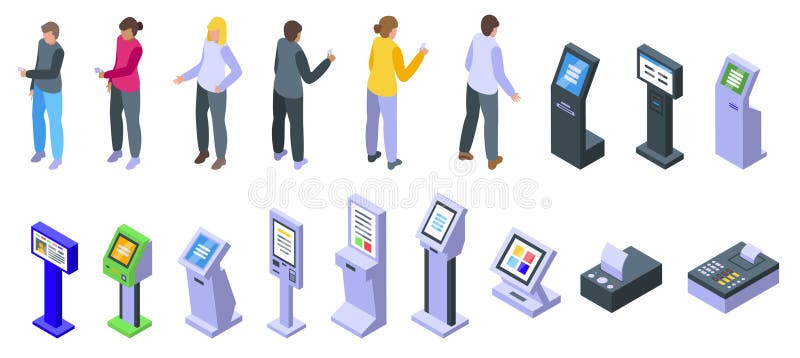 Electronic Queue Equipment Icons Set Isometric Vector. Visitor Ticket ...
