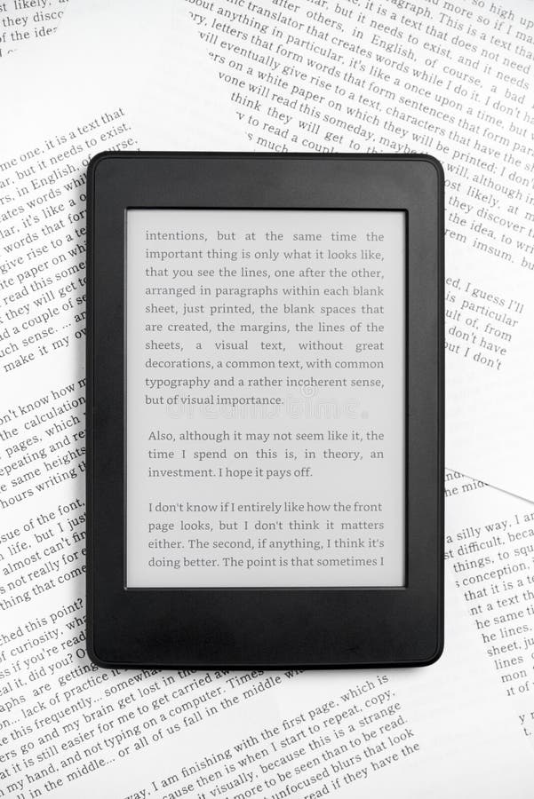 Electronic Reader with the Screen on and a Text on it, on Paper Sheets ...