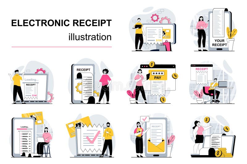 Electronic Receipt Concept with Character Situations Mega Set. Vector ...